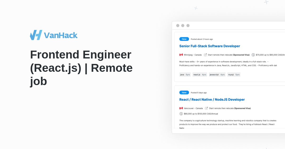 Frontend Engineer (React.js) | Remote job - VanHack