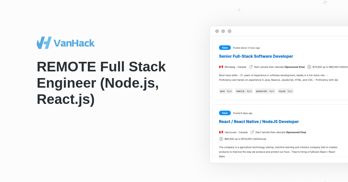 REMOTE Full Stack Engineer (Node.js, React.js) - VanHack