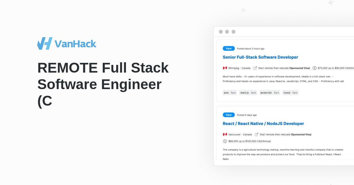 REMOTE Full Stack Software Engineer (C# or Java) - VanHack