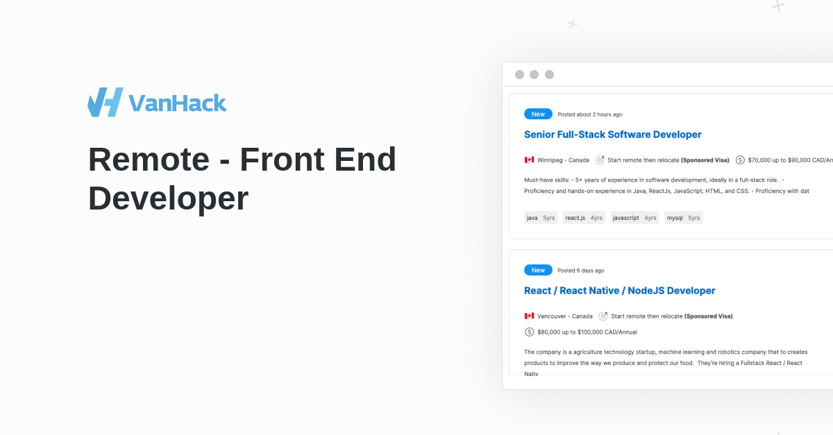 Remote - Front End Developer - VanHack