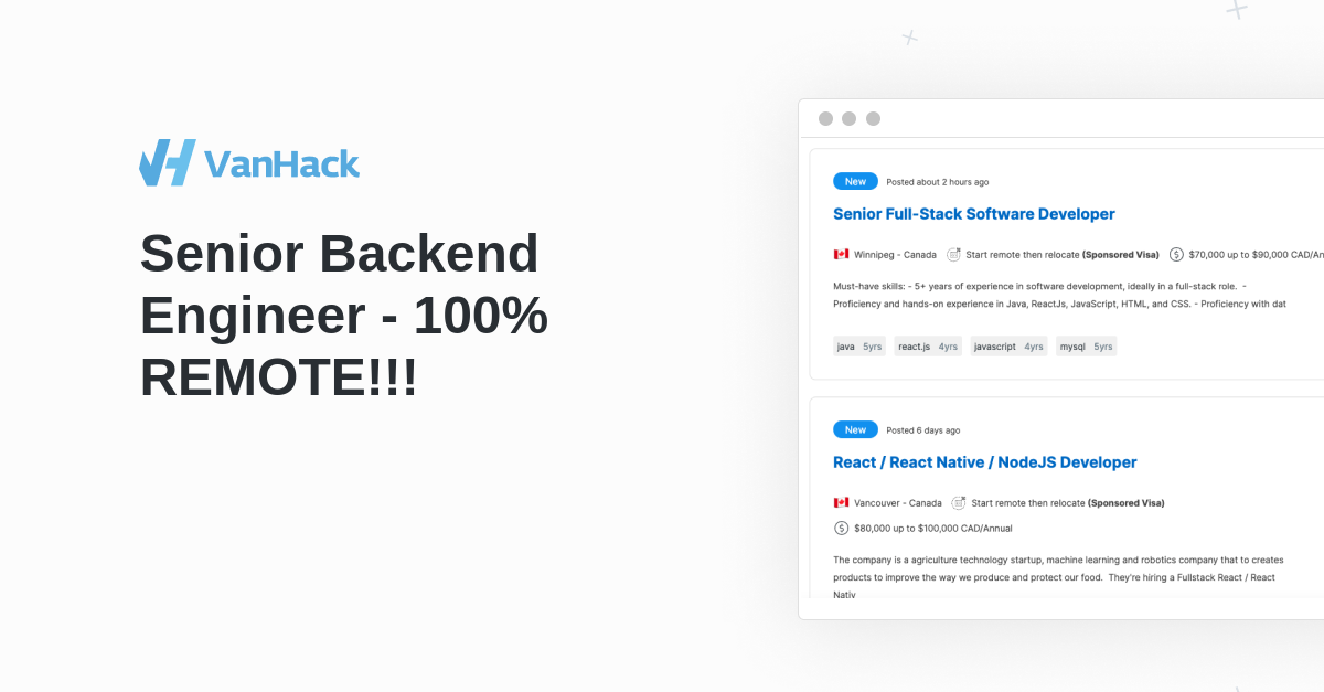 Senior Backend Engineer - 100% REMOTE!!! - VanHack