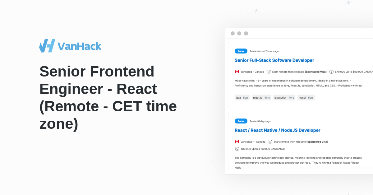 Senior Frontend Engineer - React (Remote - CET time zone) - VanHack