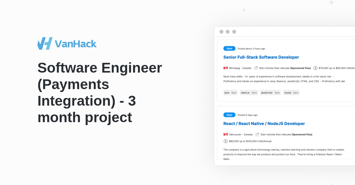 Software Engineer (Payments Integration) - 3 month project - VanHack
