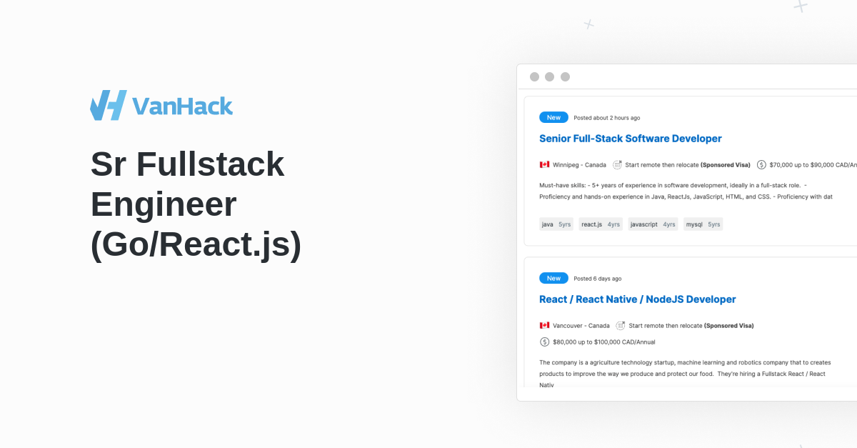 Sr Fullstack Engineer (Go/React.js) - VanHack