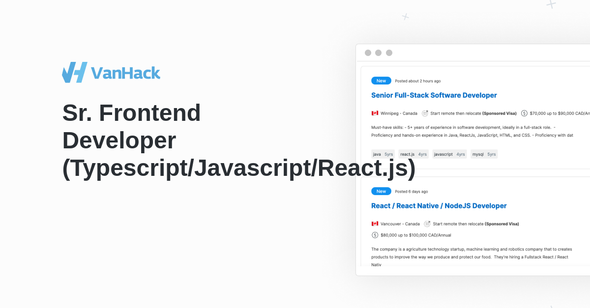Sr. Frontend Developer (Typescript/Javascript/React.js) - VanHack